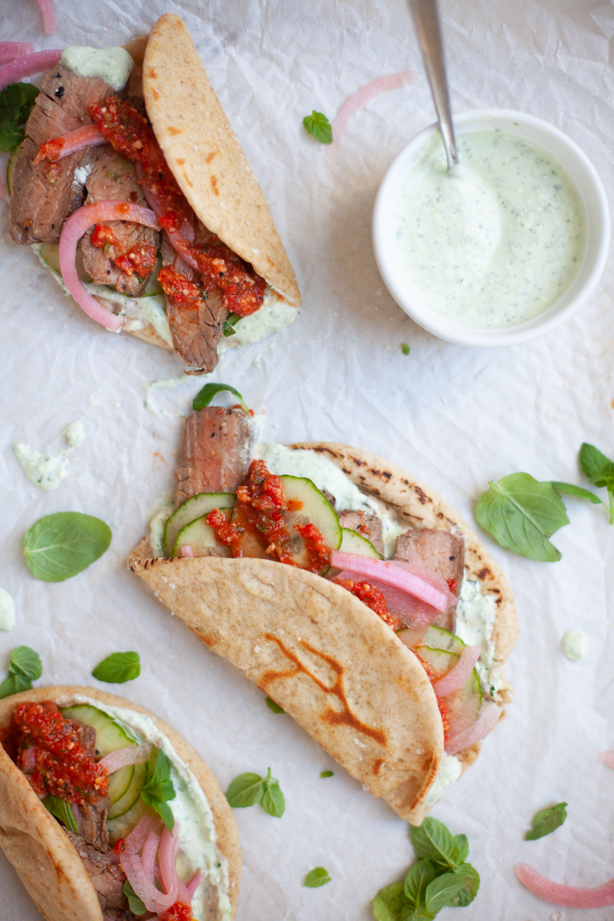 Steak Pitas with Romesco and Whipped Herb Feta - Lillie Eats and Tells